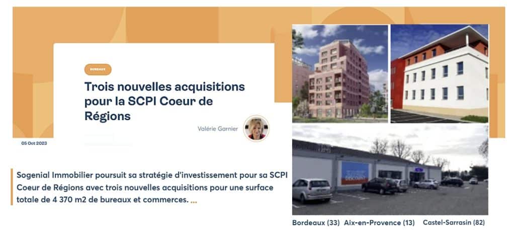 IMMOWEEK : Trois nouvelles acquisitions pour la SCPI Cœur de Régions. Par Valerie Garnier - Sogenial